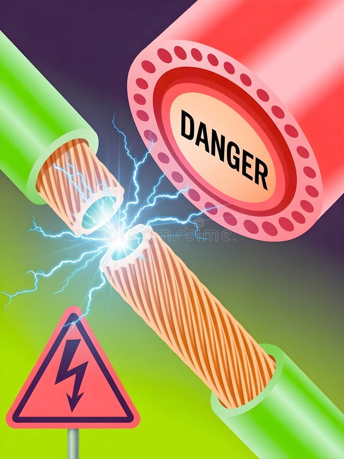 An Exposed Electrical Wire Sparking with Blue Lightning, with a "DANGER ...