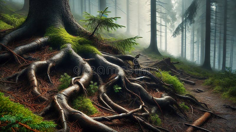 Exposed Fir Tree Roots on a Misty Forest Floor, with Soft, Ambient ...