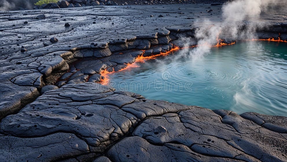 Exposed Lava Rock Surface Still Steaming Near Cooling Pool with Sharp ...