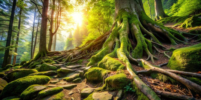 Exposed Mossy Tree Roots Holding Back Large Rocks at the Edge of a ...