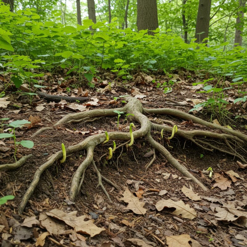 Exposed Tree Roots and New Growth on Forest Floor Stock Illustration ...