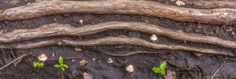 Exposed Tree Roots with Sprouting Mushrooms in Forest Soil Texture ...