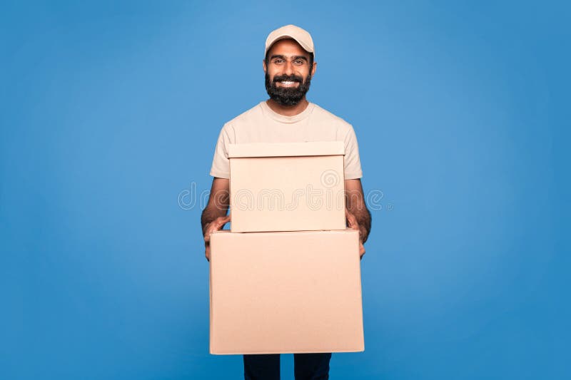 Express Delivery Concept Happy Indian Courier Man Holding Cardboard