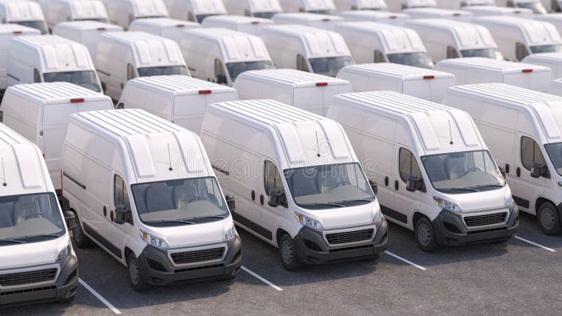 Express Delivery Service Concept. Delivery Vans and Trucks in a Row on ...