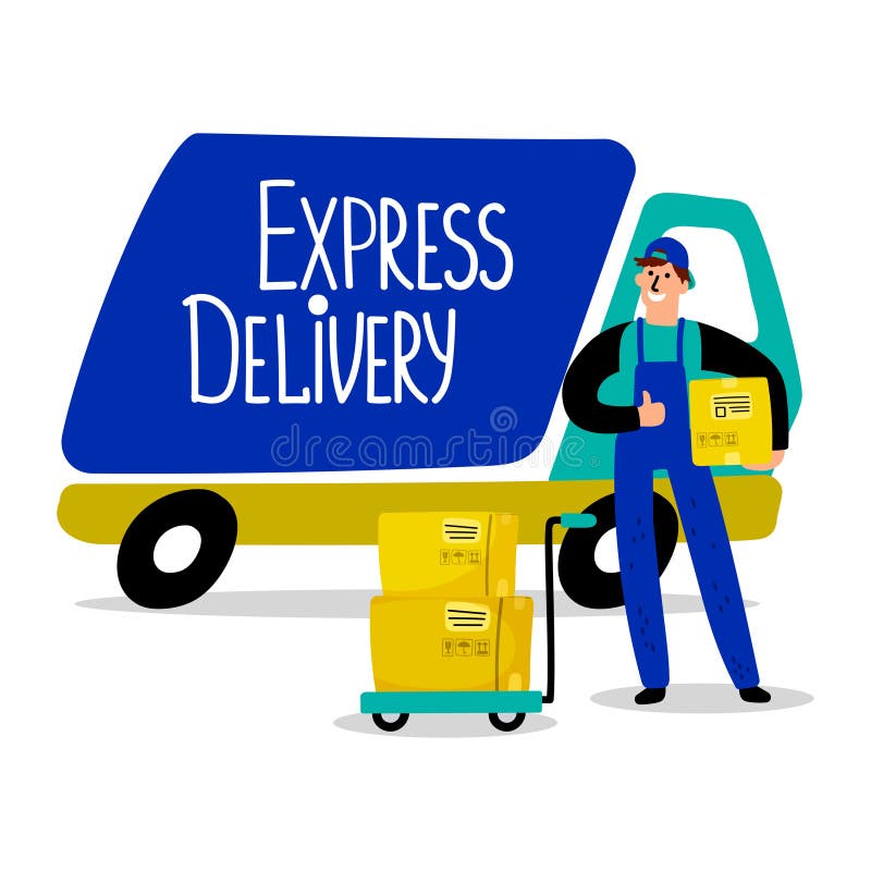 Express Delivery Track, Delivery Man and Parcels Vector Illustration ...