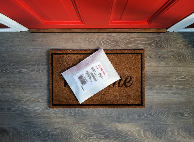 Express Envelope Package Delivered To Residential Front Door. Stock ...