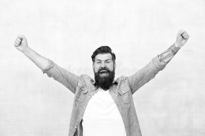 Express Happiness Feel Success After Barbershop Bearded Man Celebrate