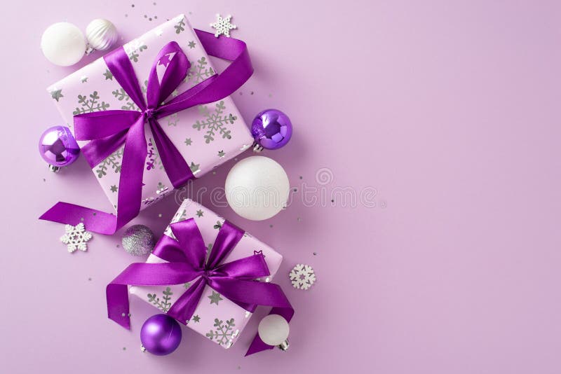 A Top View of Elegant Lilac Gift Boxes, Celebratory Baubles, Sparkling ...