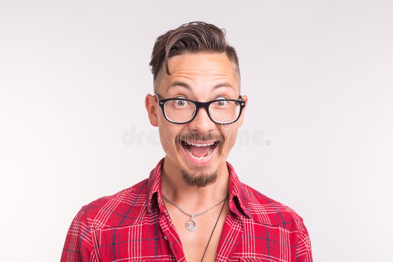 Expression and Gesture Concept - Handsome Man with Glasses Laughing on ...