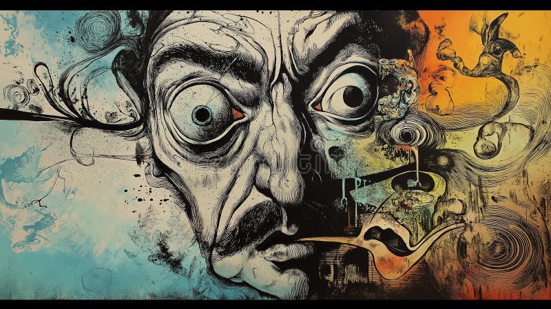 Expression of Surrealism with a Distorted Face Surrounded by Abstract ...