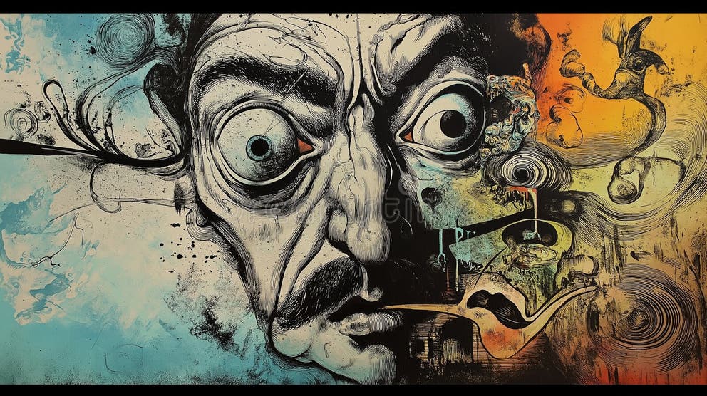 Expression of Surrealism with a Distorted Face Surrounded by Abstract ...