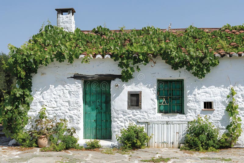 Expressionism Art Style , White House with Green Doors and Vines on One ...