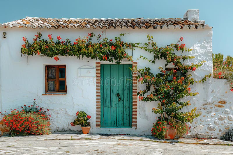Expressionism Art Style , White House with Green Doors and Vines on One ...