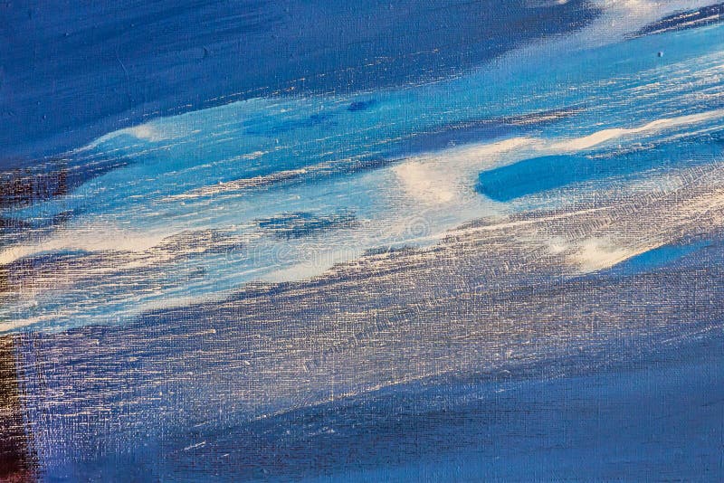 Expressive Brush Strokes of White Colors on Blue Painted Canvas Stock ...