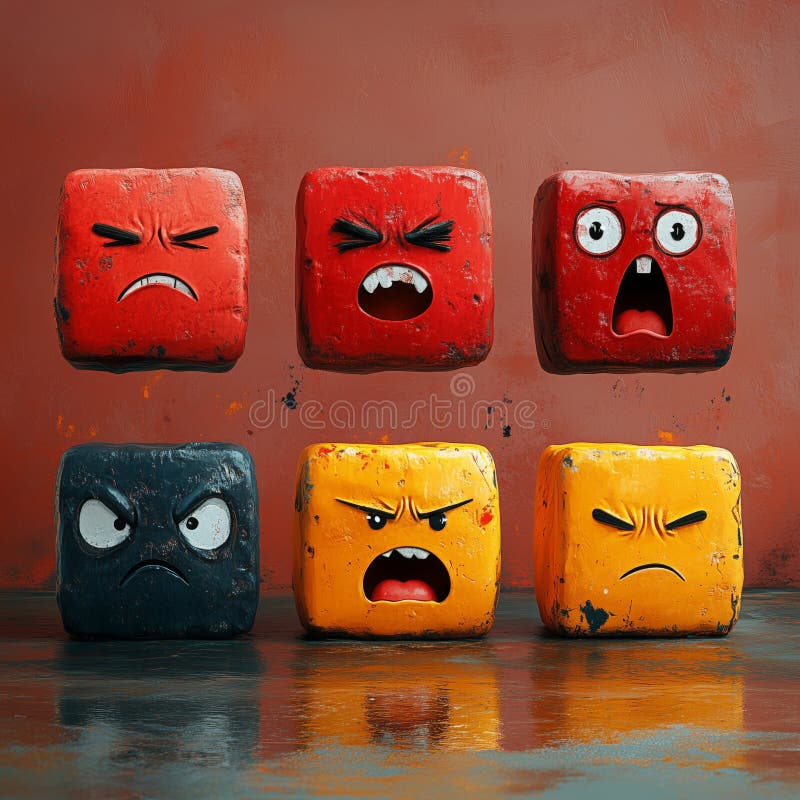 Expressive Colorful Cubes with Exaggerated Angry Faces Stock ...