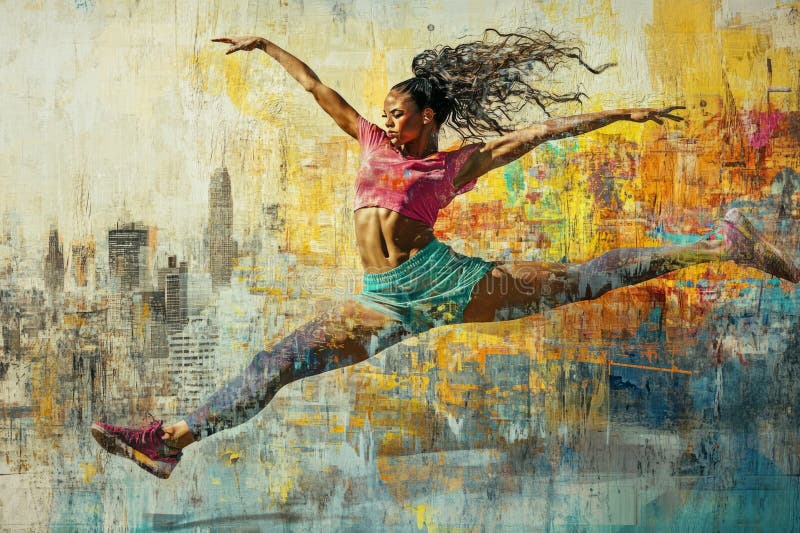 A Vibrant Dancer Leaps Gracefully Across a Colorful Backdrop. the ...