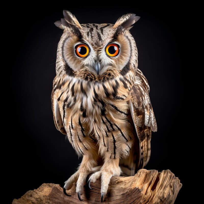 Expressive Eared Owl Perched on Black Background Stock Illustration ...
