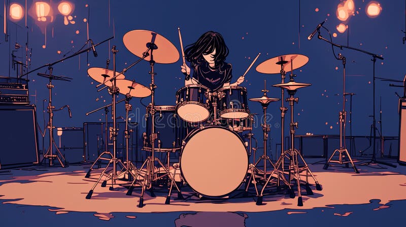 Expressive Female Drummer Passionately Playing Drums in a Chic Loft ...