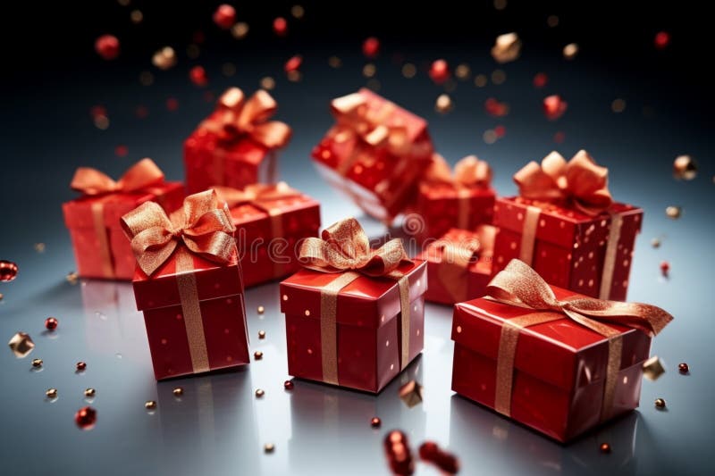 Expressive Flight: Flying Gift Boxes in Red Wrap, Bow. Holiday and ...