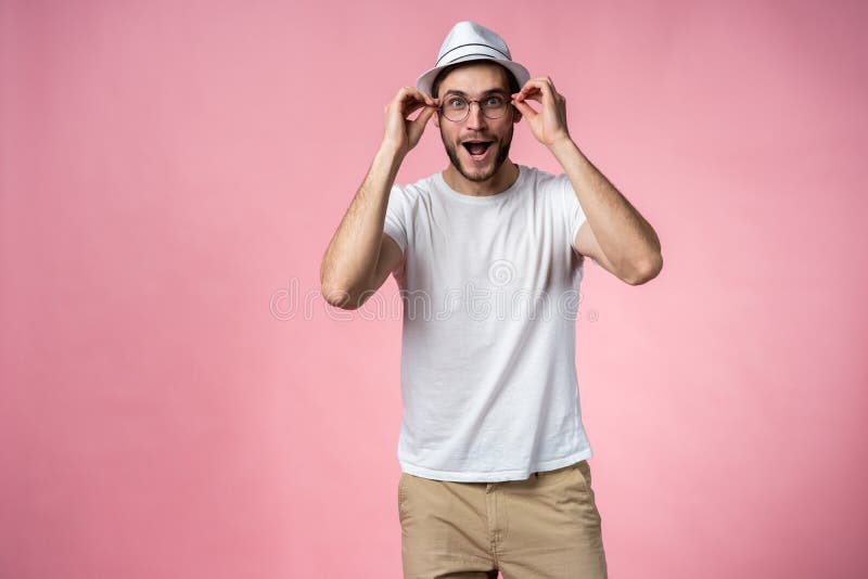 Expressive Happy Surprised Man, Isolated on Pink. Stock Photo - Image ...
