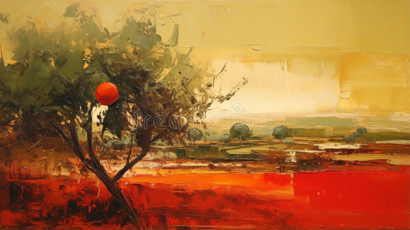 Expressive Landscape: Oil Painting of Orange Tree and Field Stock ...