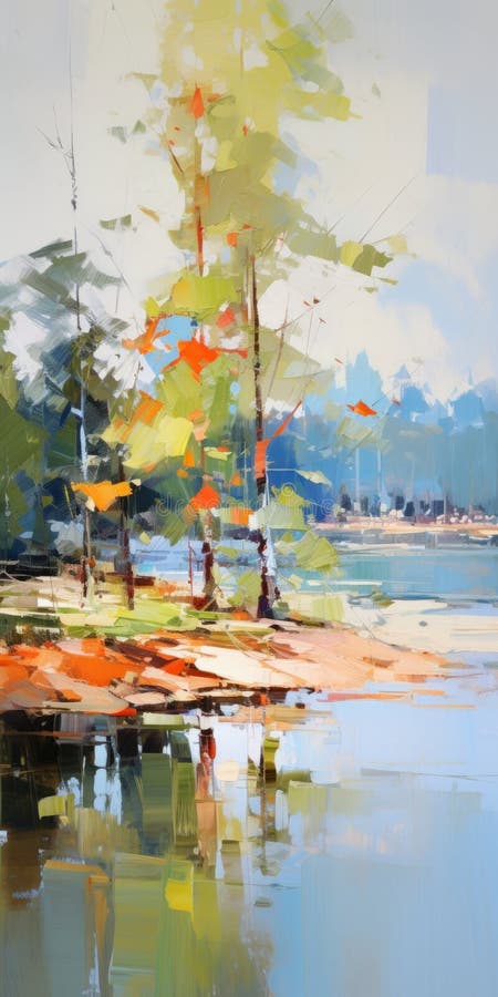 Expressive Landscape Painting with Trees and Boats Stock Illustration ...