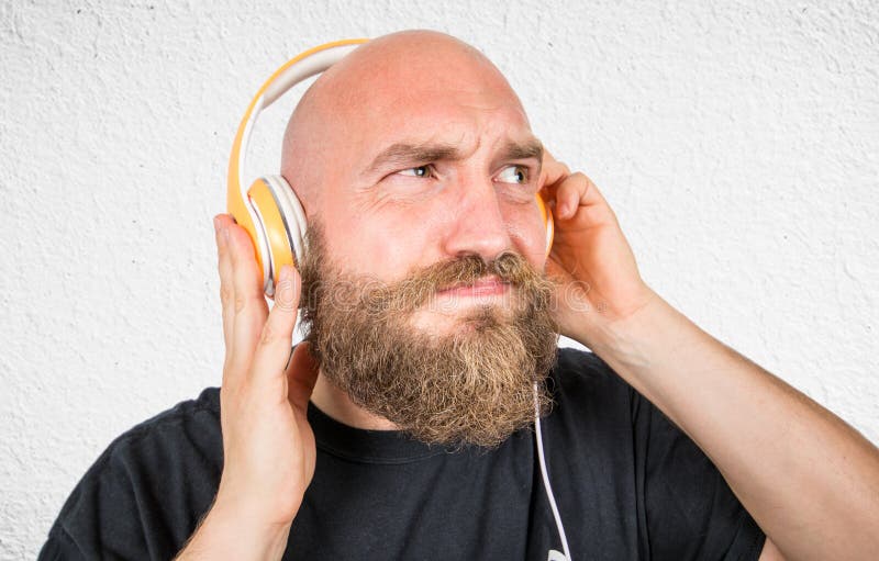 Expressive Man Listen Music with Headphone Stock Photo - Image of ...
