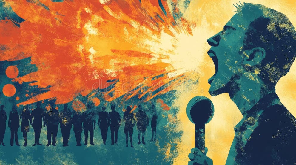 Expressive Man with Microphone Addressing Crowd Stock Illustration ...