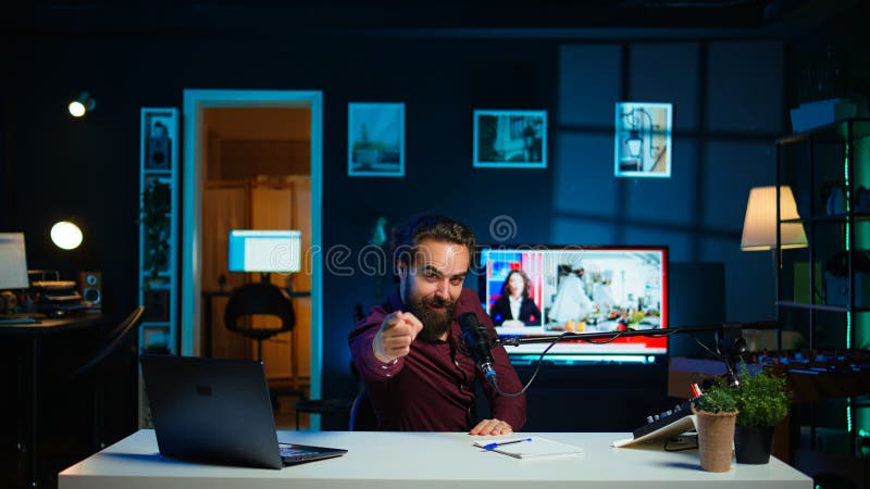 Energetic Influencer Using Microphone To Shoot Video, Doing Frantic ...