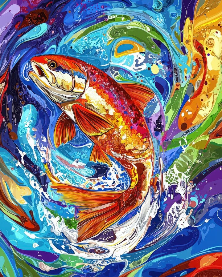 Expressive Salmon Art in Swirling Colors Stock Image - Image of ...