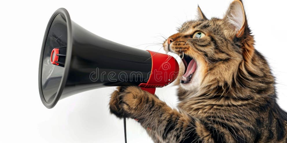 Expressive Tabby Cat Shouting into a Red and Black Megaphone on White ...
