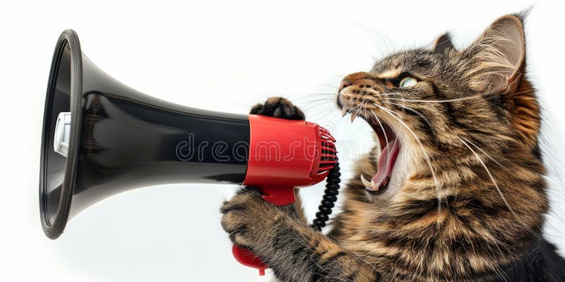 Expressive Tabby Cat Shouting into a Red and Black Megaphone on White ...