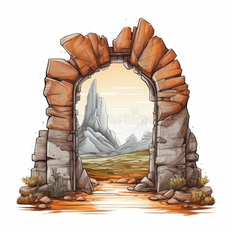 Expressive Vector Illustration of Ancient Stone Door in Desert Stock ...