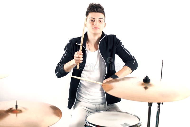 Expressive Young Drummer Playing at the Drums with Drum Stick Stock ...