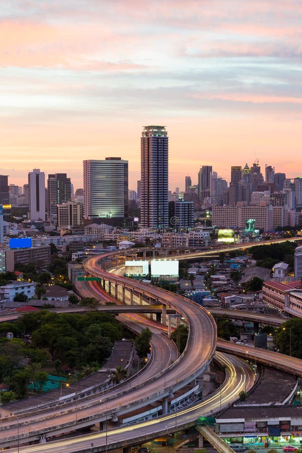 Expressway Transportation Infrastructure Skyline with City Downtown ...