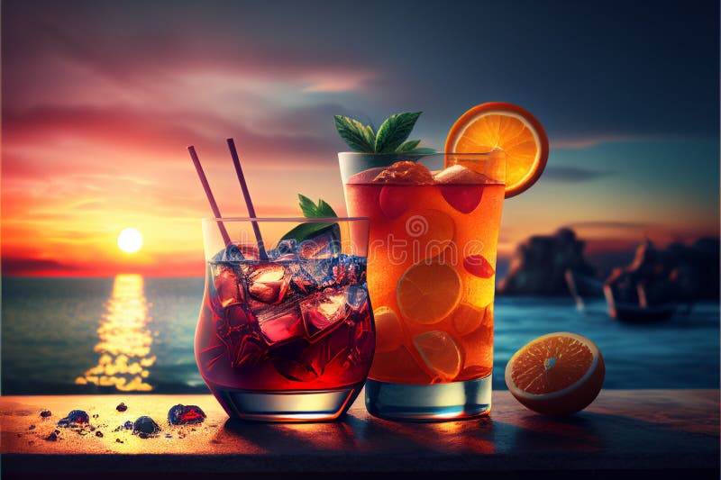 Exquisite Alcoholic Cocktails Against the Backdrop of the Sea and ...