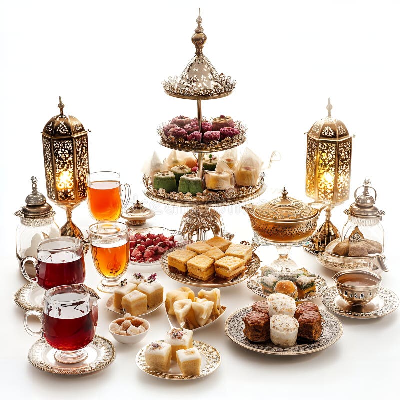 Exquisite Arabian Tea Time Sweets Platter with Golden Tea Set and ...