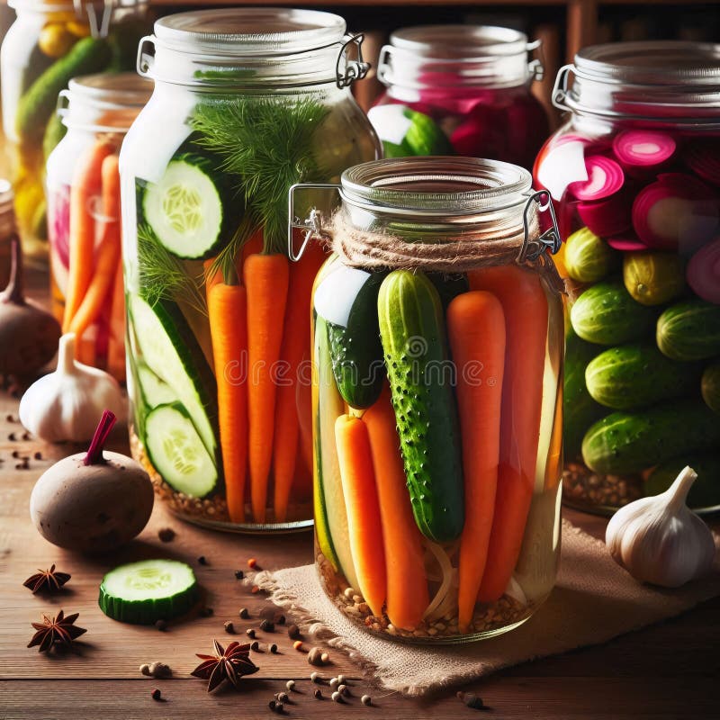 An Exquisite Array of Pickled Vegetables Rests on a Rustic Wooden Table ...