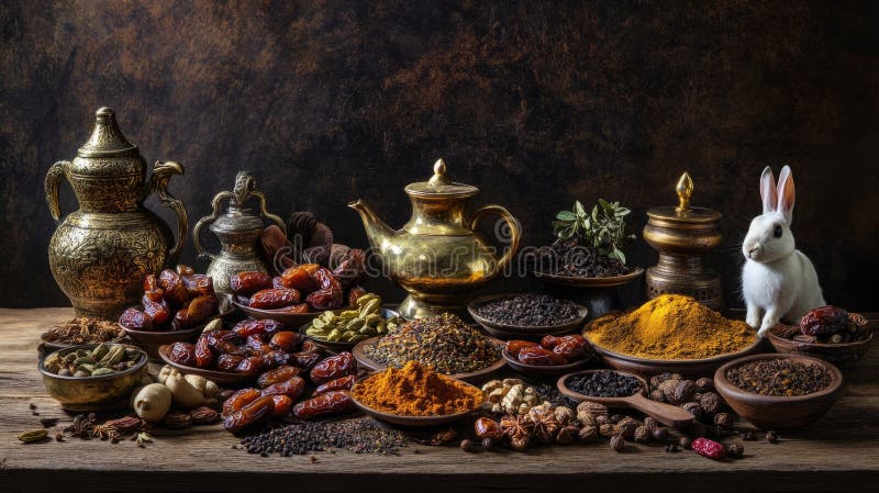 Exquisite Array of Spices and Teapots with Decorative White Rabbit on ...