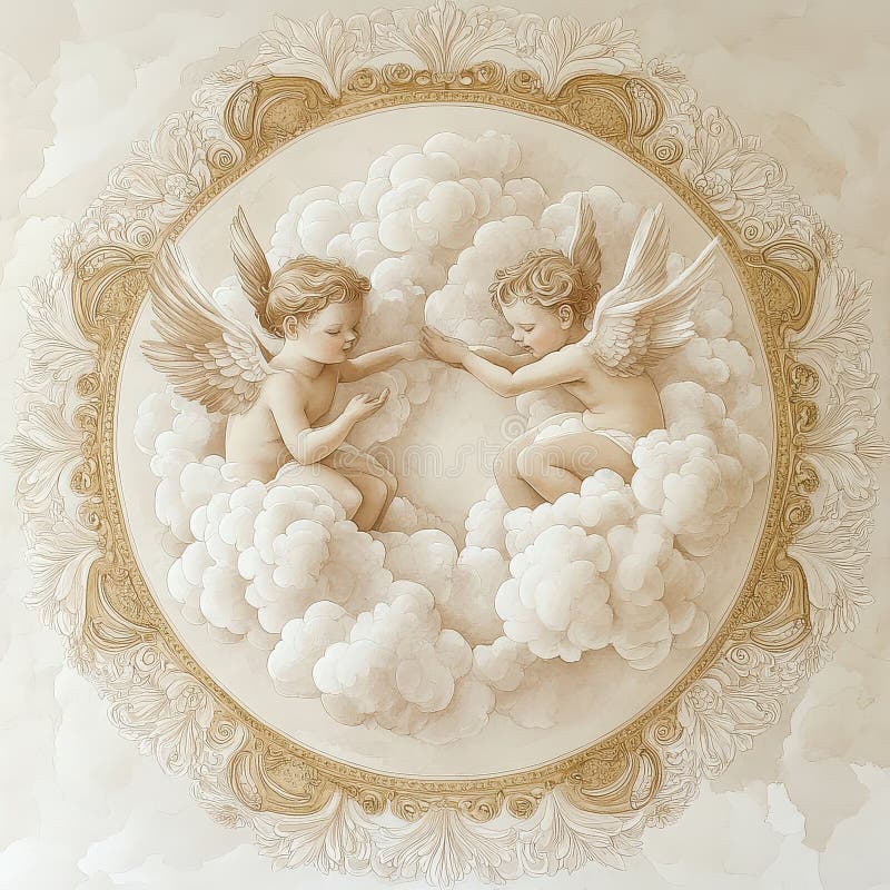 Serene Cherubs Embracing in Ethereal Cloudy Background Art Stock Photo ...
