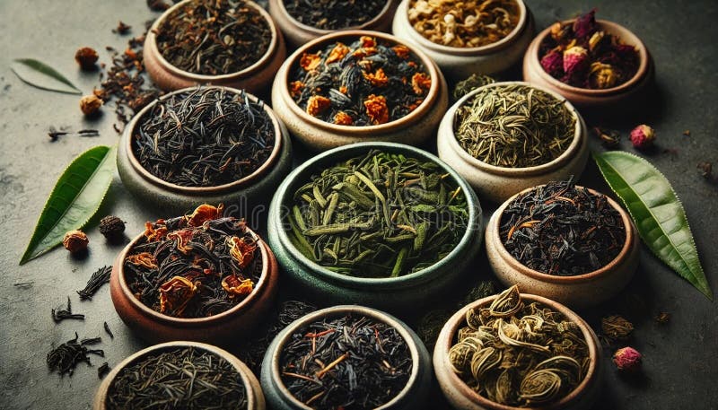 Assortment of Loose Leaf Teas in Rustic Bowls on a Dark Surface Stock ...