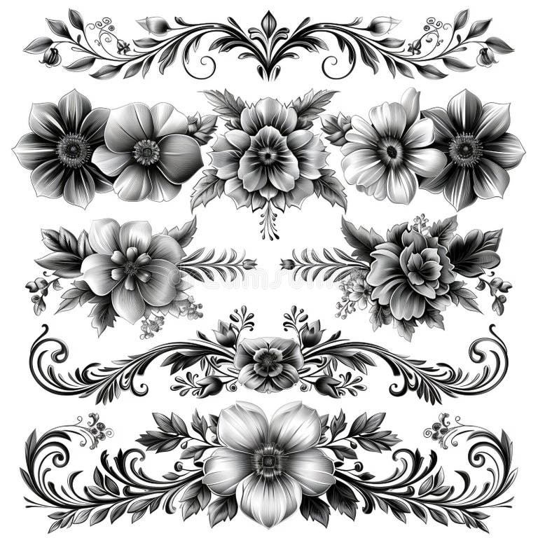 Exquisite Black and White Floral Vector Graphics with Decorative ...