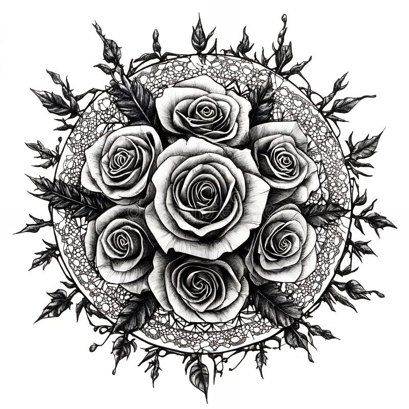 Exquisite Black and White Ink Drawing of Roses in a Circular Lace ...