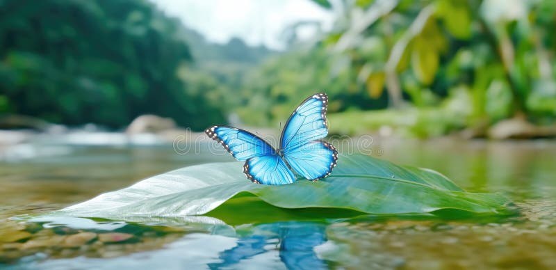 Exquisite Blue Butterfly Gracefully Soaring Over Leaf in Serene Natural ...