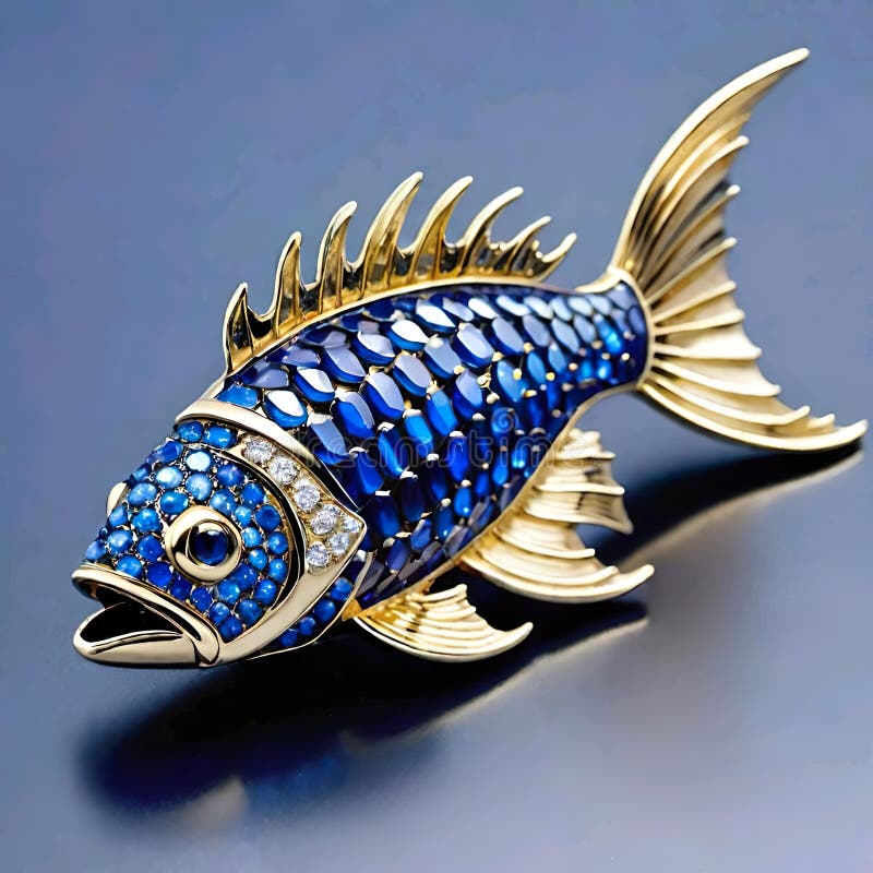 Exquisite Blue Gemstone Fish Brooch with Gold Detailing on Elegant Dark ...