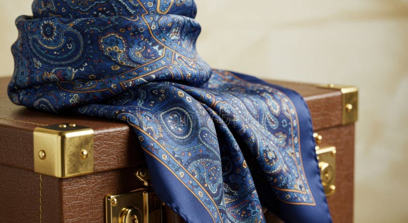 Exquisite Blue Paisley Silk Scarf Draped on Elegant Brown Leather Trunk ...
