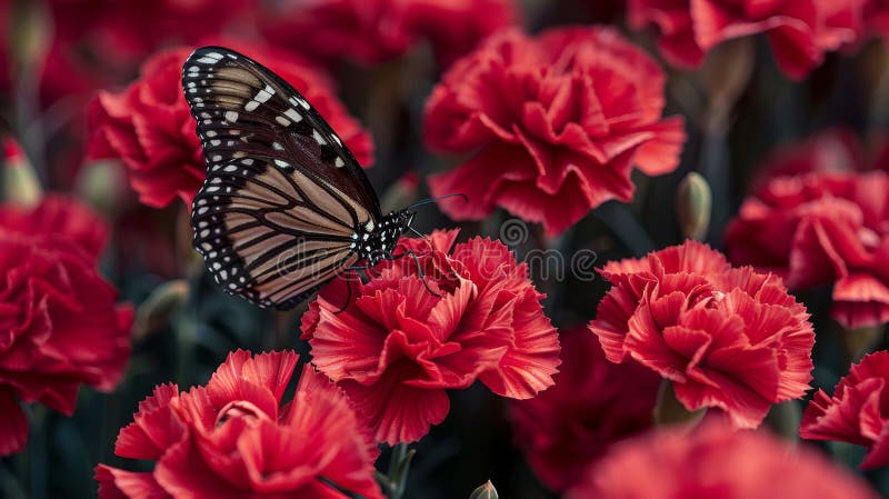 Exquisite Butterfly on Vibrant Red Carnations in Stunning Close-up Shot ...