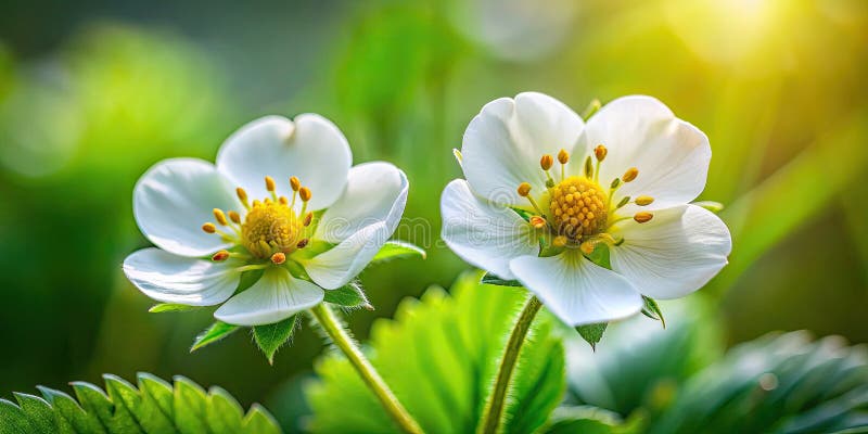 Exquisite CloseUp of Two Delicate White Wild Strawberry Blossoms in ...