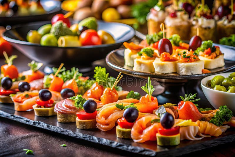 Exquisite Cold Appetizer Buffet Gourmet Bites and Elegant Black Table ...