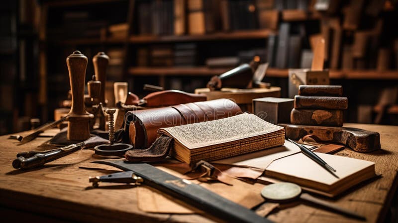 Exquisite Craftsmanship: Leather-bound Book and Antique Tools on Oak ...